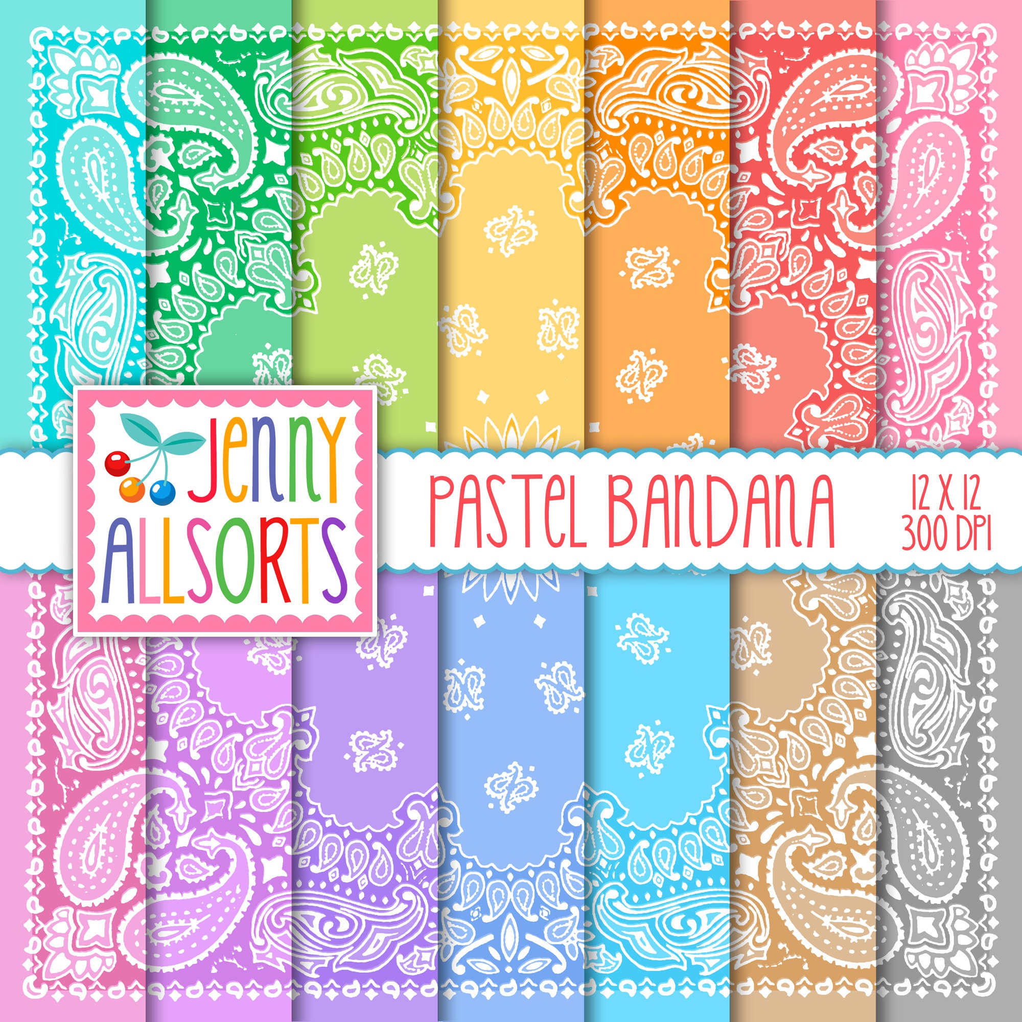 Paisley Pastel Bandana Digital Design Papers, Pastel Color Bandanas for ...