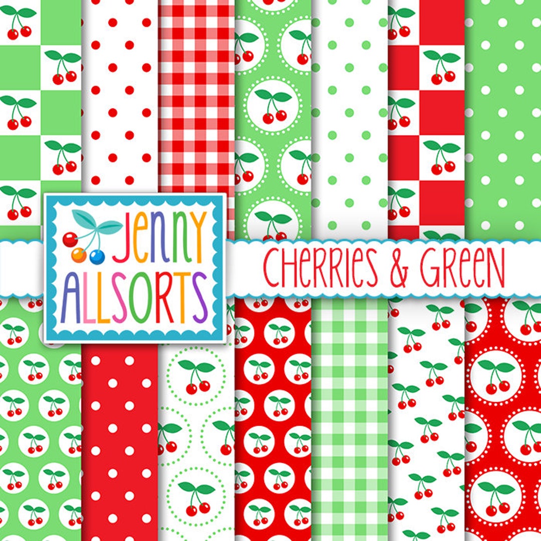 Cherries Red & Lime Green Digital Scrapbooking Paper Pack 14 Printable ...