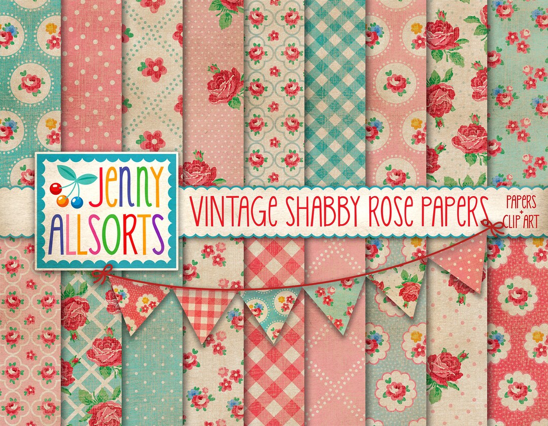 Vintage Shabby Rose Digital Paper Set + Clipart - 18 Farmhouse Cottage ...