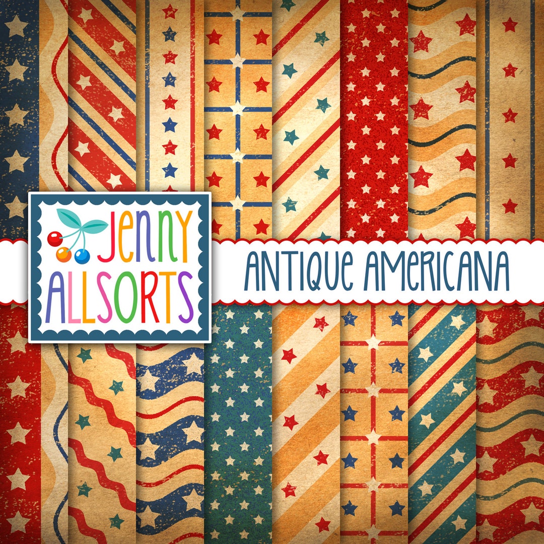July 4th Patriotic Digital Paper Pack, Antique Americana Vintage Style ...
