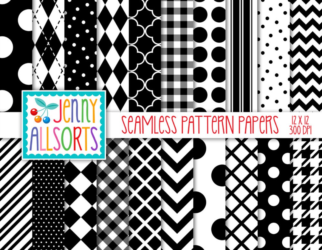Black Seamless Digital Paper, Black & White Geometric Repeat Patterns ...
