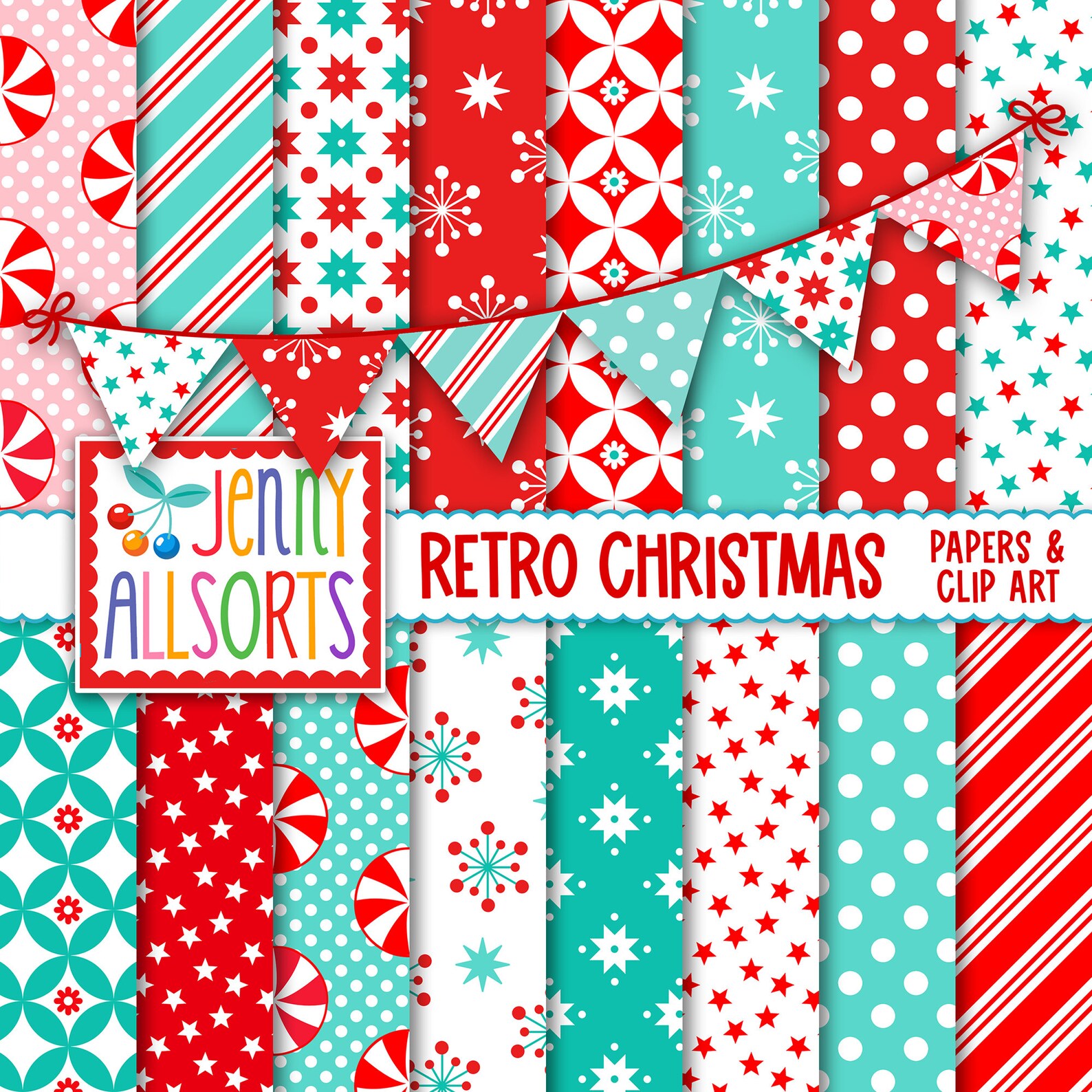 Retro Vintage Christmas Digital Scrapbook Paper + Matching Clipart, Red ...