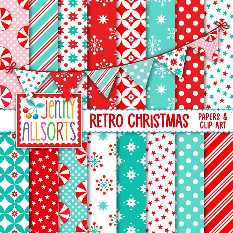 Retro Vintage Christmas Digital Scrapbook Paper + Matching Clipart, Red ...