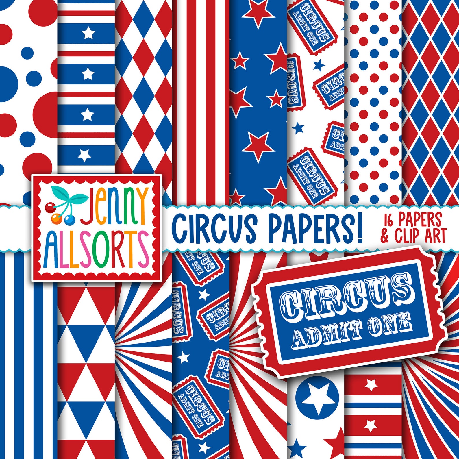Circus Digital Paper & Clipart Red White Blue Printable - Etsy