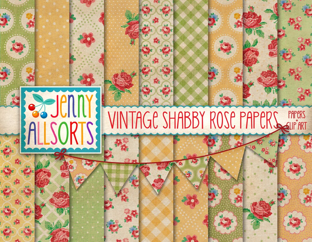 Vintage Shabby Rose Digital Paper Set Clipart 18 Farmhouse Cottage ...