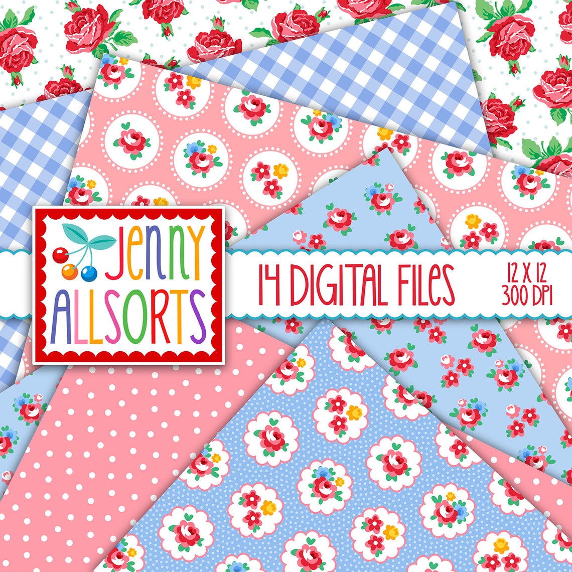 Shabby Chic Digital Paper Cecily Rose - Pink and Baby Blue - for ...