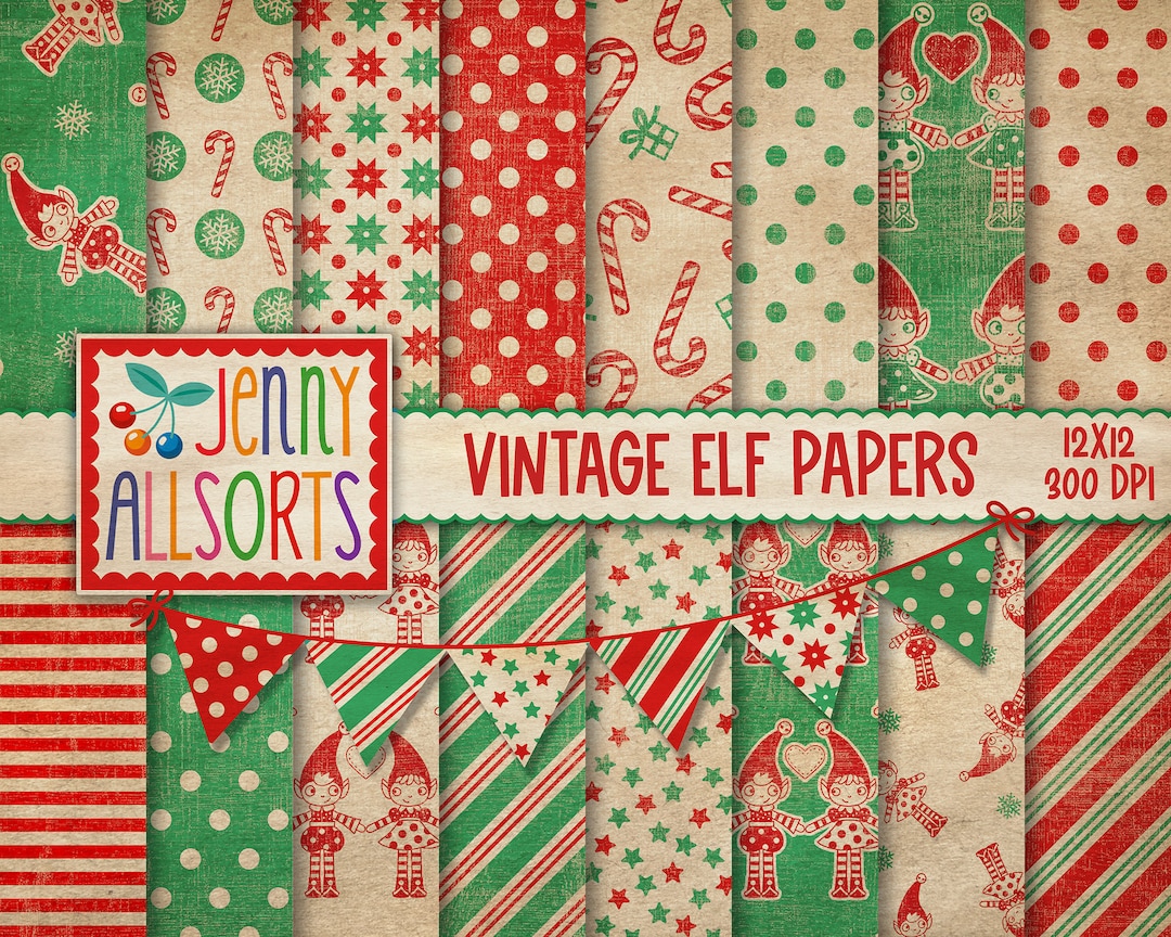 Vintage Christmas Elves Digital Paper Set + Clipart - 16 Holiday Elf ...