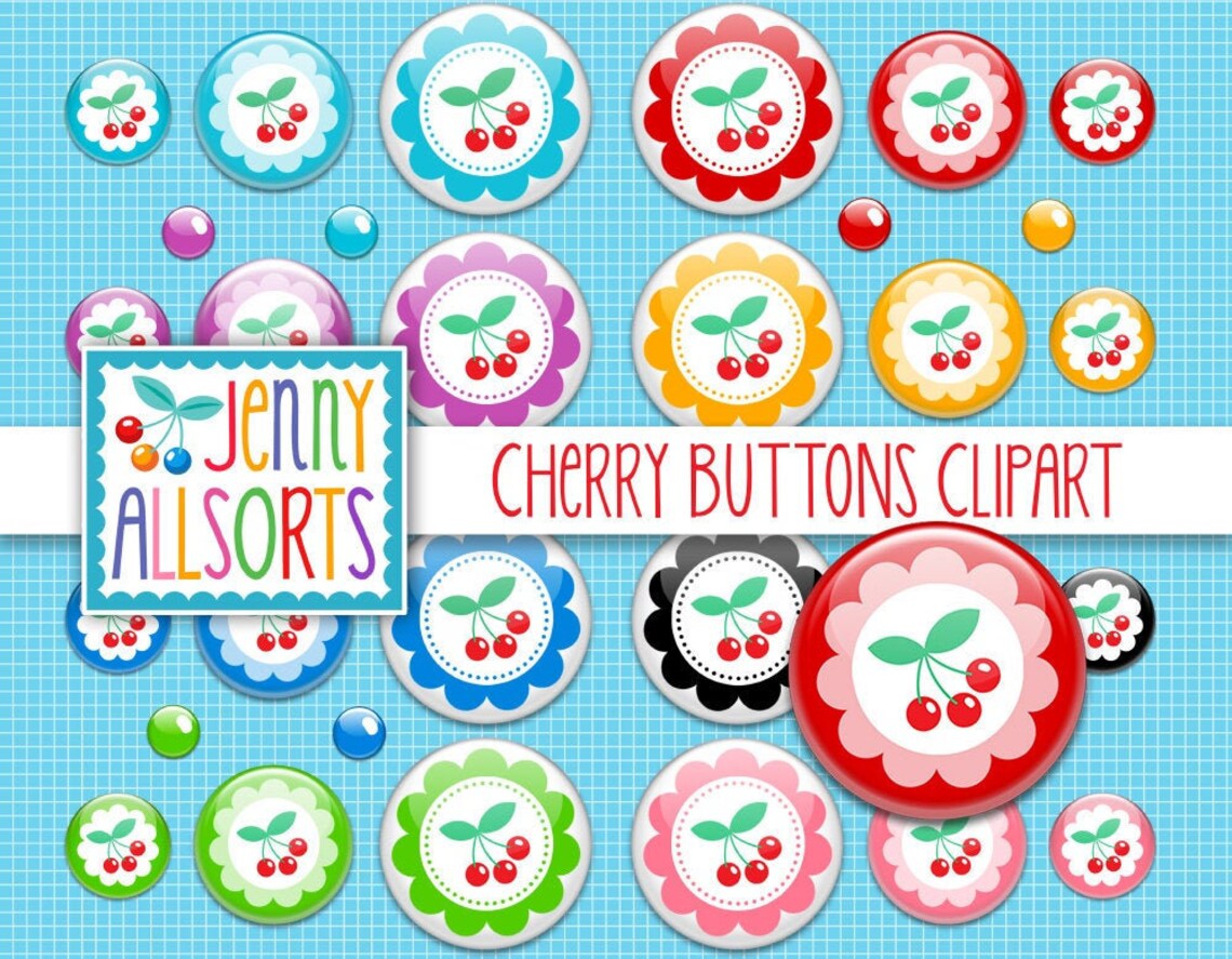 Cherry Buttons Digital Clip Art - Shiny Clipart Badges With Cherries in ...