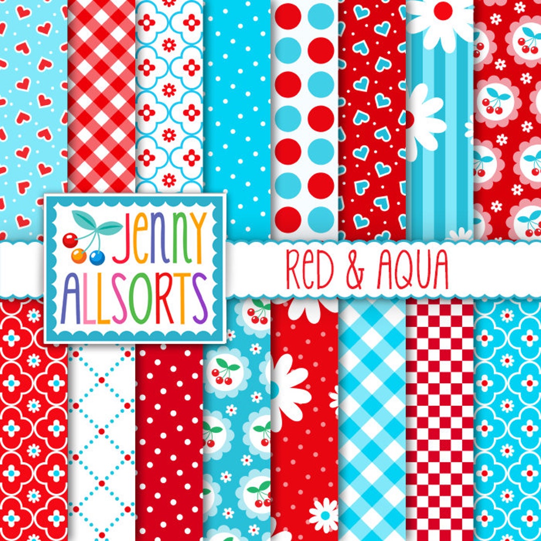 Red & Aqua Digital Scrapbook Papers - Digital Paper for Invites, Card ...