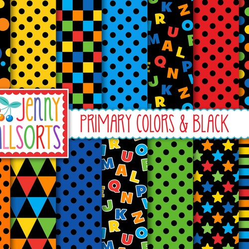Primary Colors on Black Digital Paper Pack Seamless Graphic - Etsy