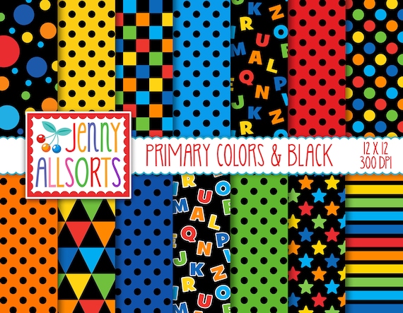 Primary Colors on Black Digital Paper Pack Seamless Graphic - Etsy
