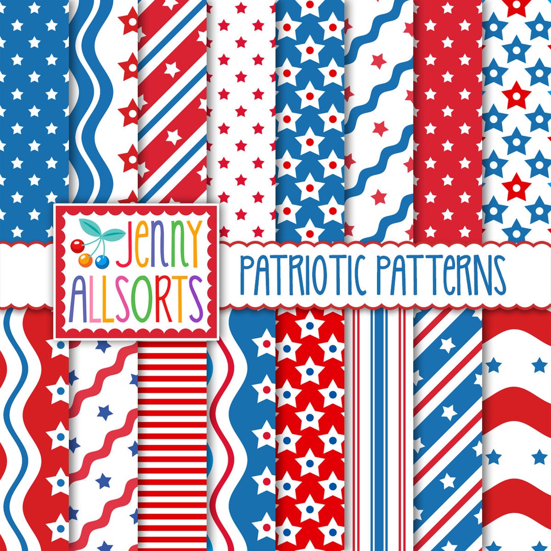 July 4th Patriotic Patterns Digital Paper Pack, American Red & White ...