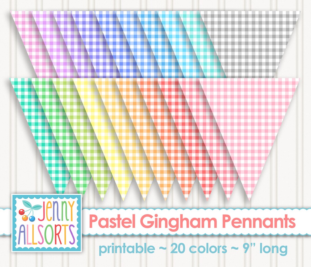 Pastel Gingham Pennants - Printable Digital Gingham Banner, Baby Shower ...