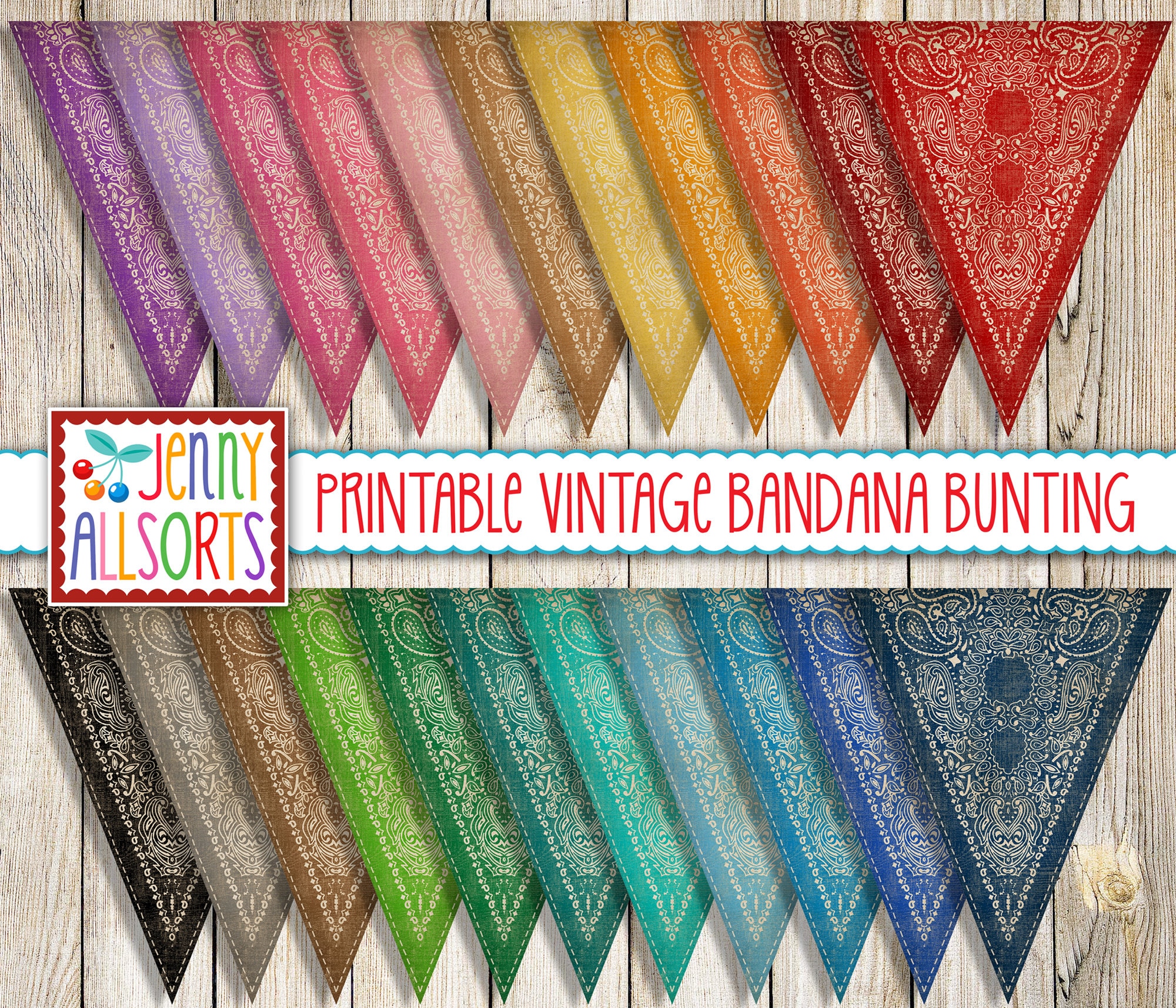 Printable Vintage Bandana Pennant Bunting - 22 Colors Vintage Cowboy ...