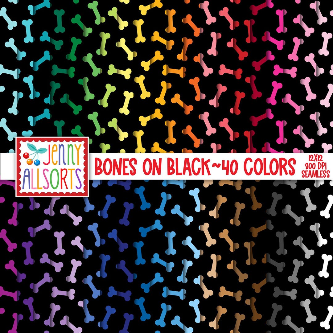 Dog Bones Digital Paper Pack - 40 Colors on Black Bundle, Printable ...