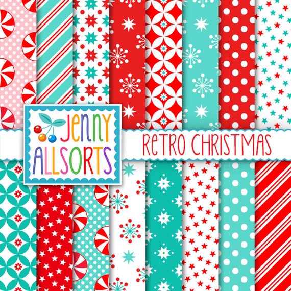 Retro Vintage Christmas Digital Scrapbook Paper Red Aqua Mint | Etsy