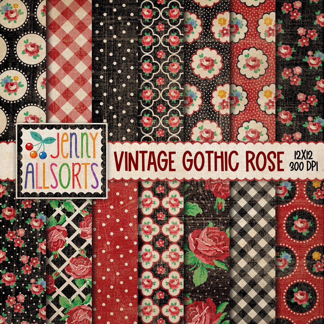 Vintage Gothic Rose Digital Paper Set, 14 Shabby Chic Dark Red & Black ...