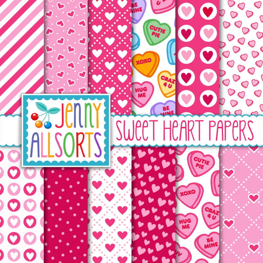 Sweet Heart Valentines Day Digital Papers in Raspberry Pinks, Digital ...