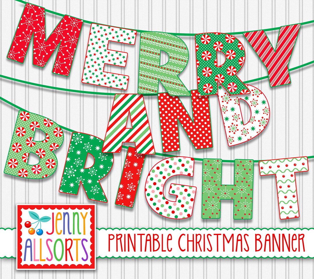 Merry & Bright Printable Banner - Digital Christmas Sign, Holiday ...