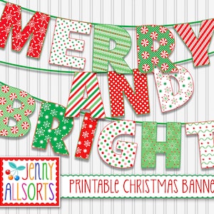 Merry & Bright Printable Banner - Digital Christmas Sign, Holiday ...
