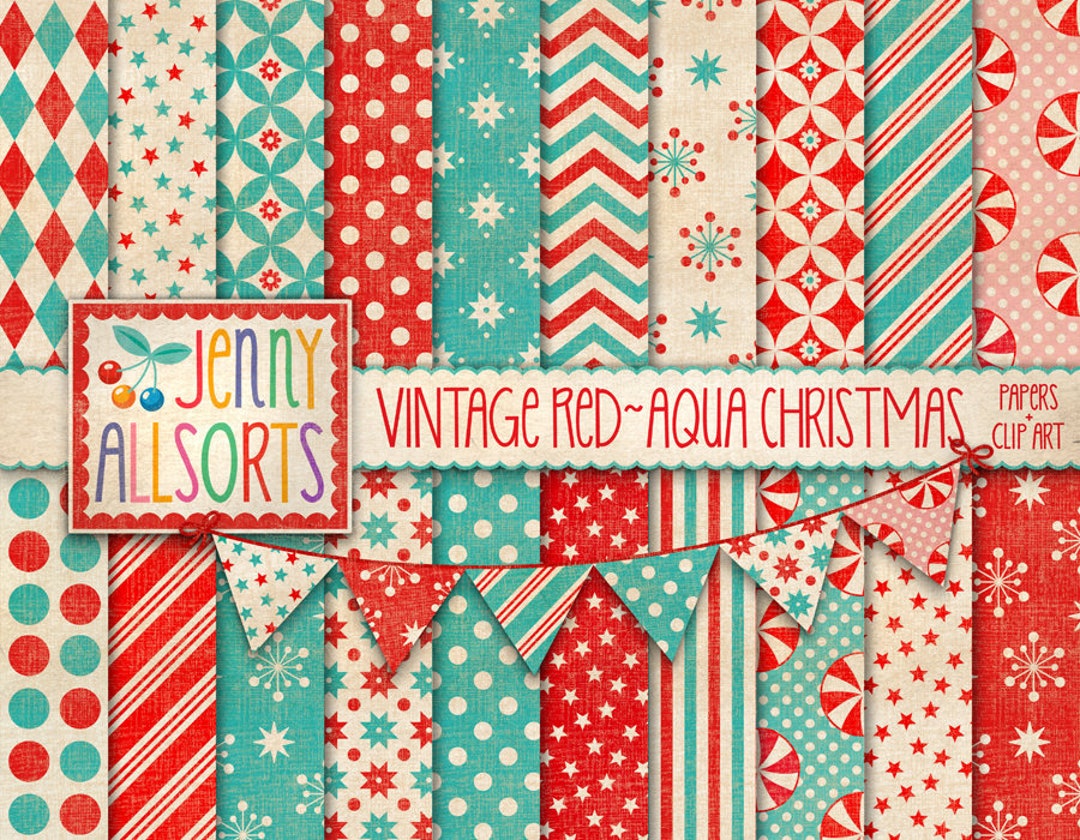 Vintage Christmas Digital Paper Set + Clipart - 20 Printable Red & Aqua ...