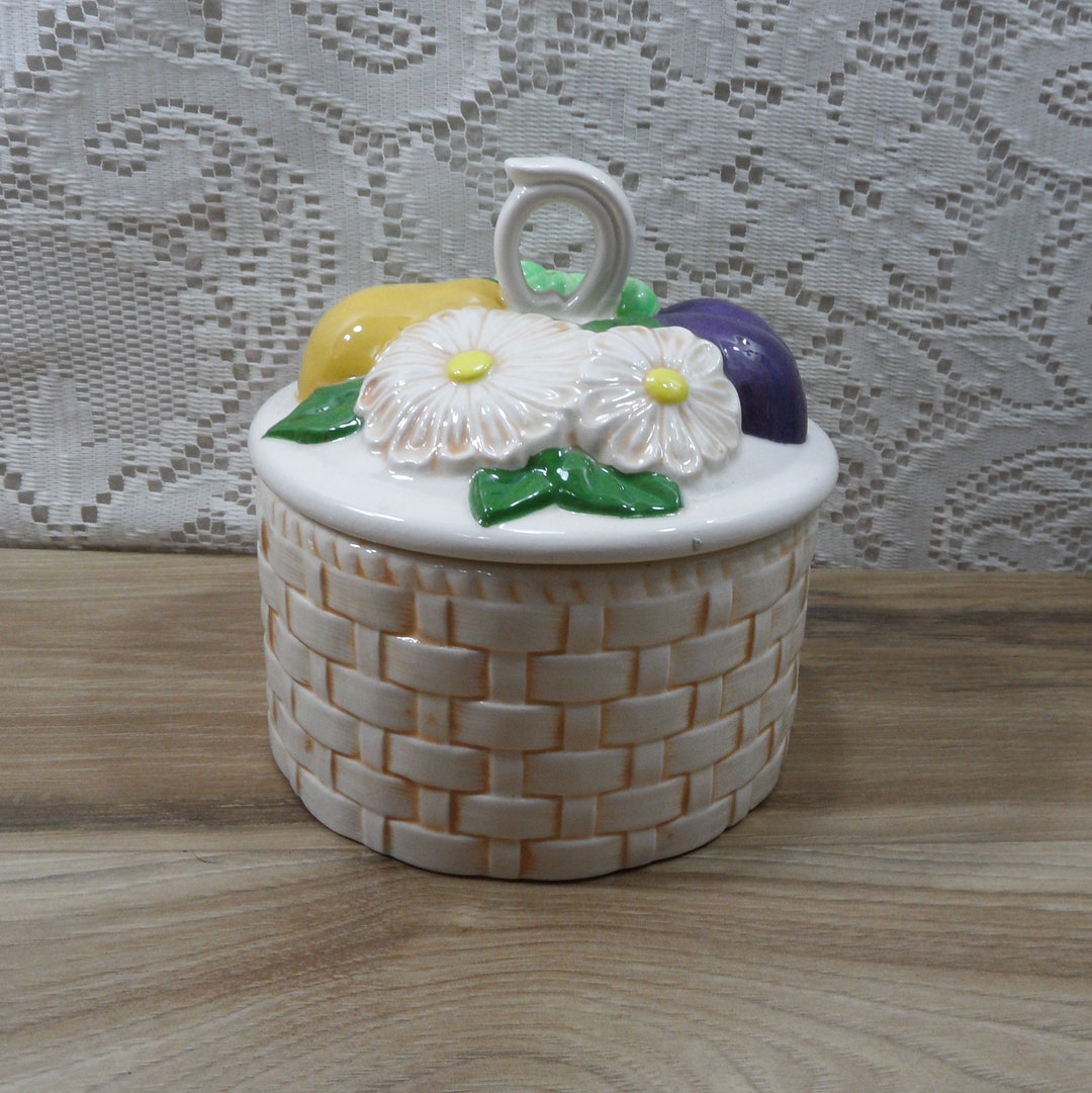 Basket Weave Canister, Ceramic Canister, Fruit Embossed Canister, Hand ...