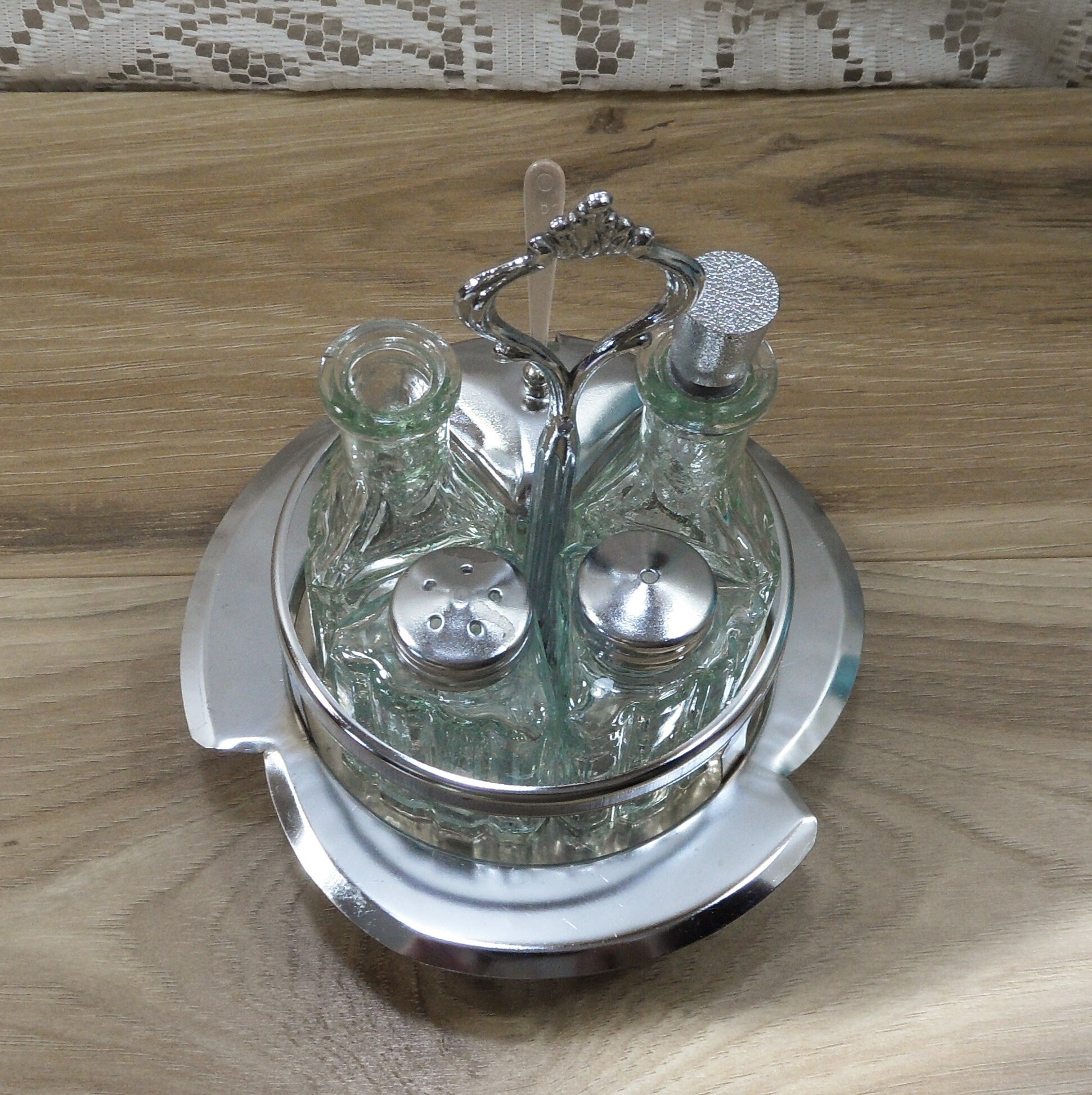Shaker and Cruet Caddy, Condiment Caddy, Glass Condiment Set, Chrome ...