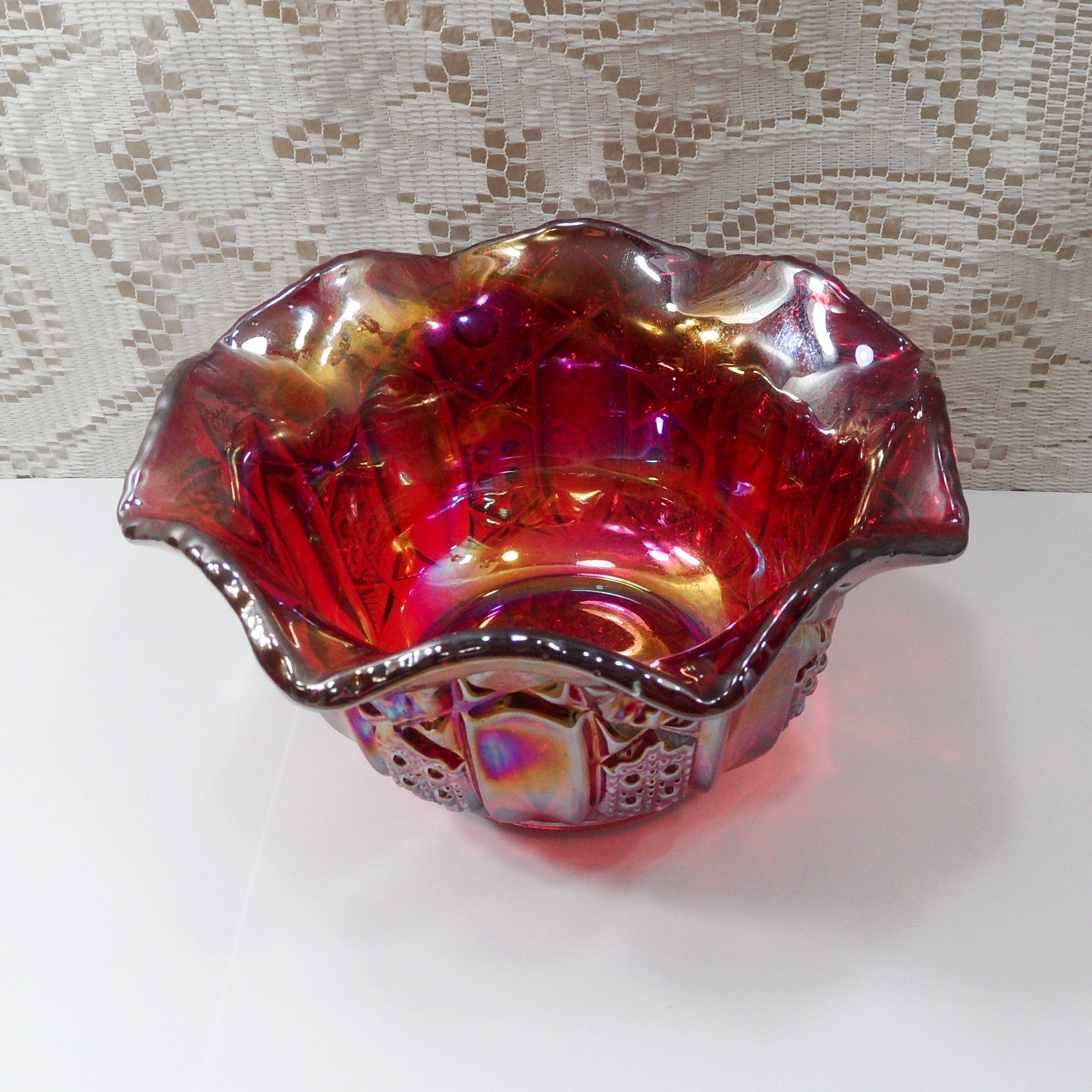 Red Carnival Glass Candy Dish, Imperial Glass Candy Dish, Hobstar Candy ...