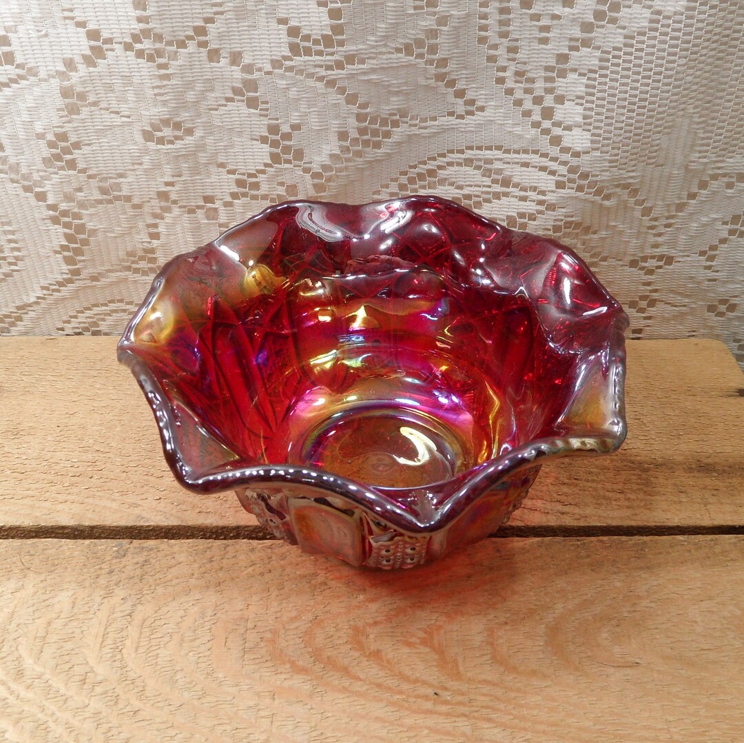 Red Carnival Glass Candy Dish, Imperial Glass Candy Dish, Hobstar Candy ...