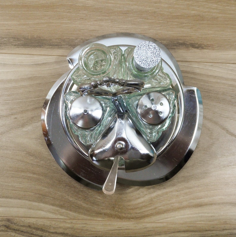 Shaker and Cruet Caddy, Condiment Caddy, Glass Condiment Set, Chrome ...