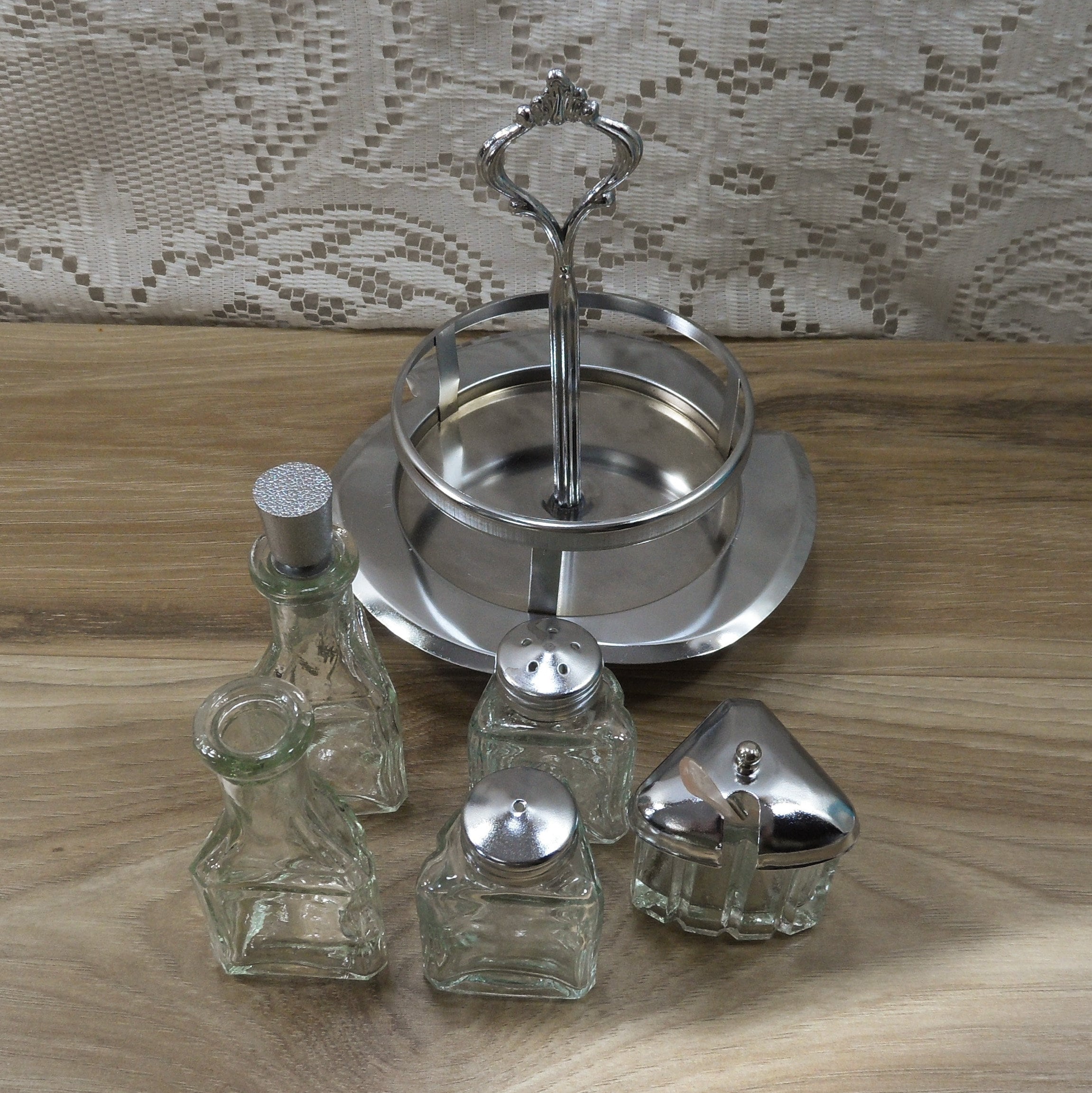 Shaker and Cruet Caddy, Condiment Caddy, Glass Condiment Set, Chrome ...