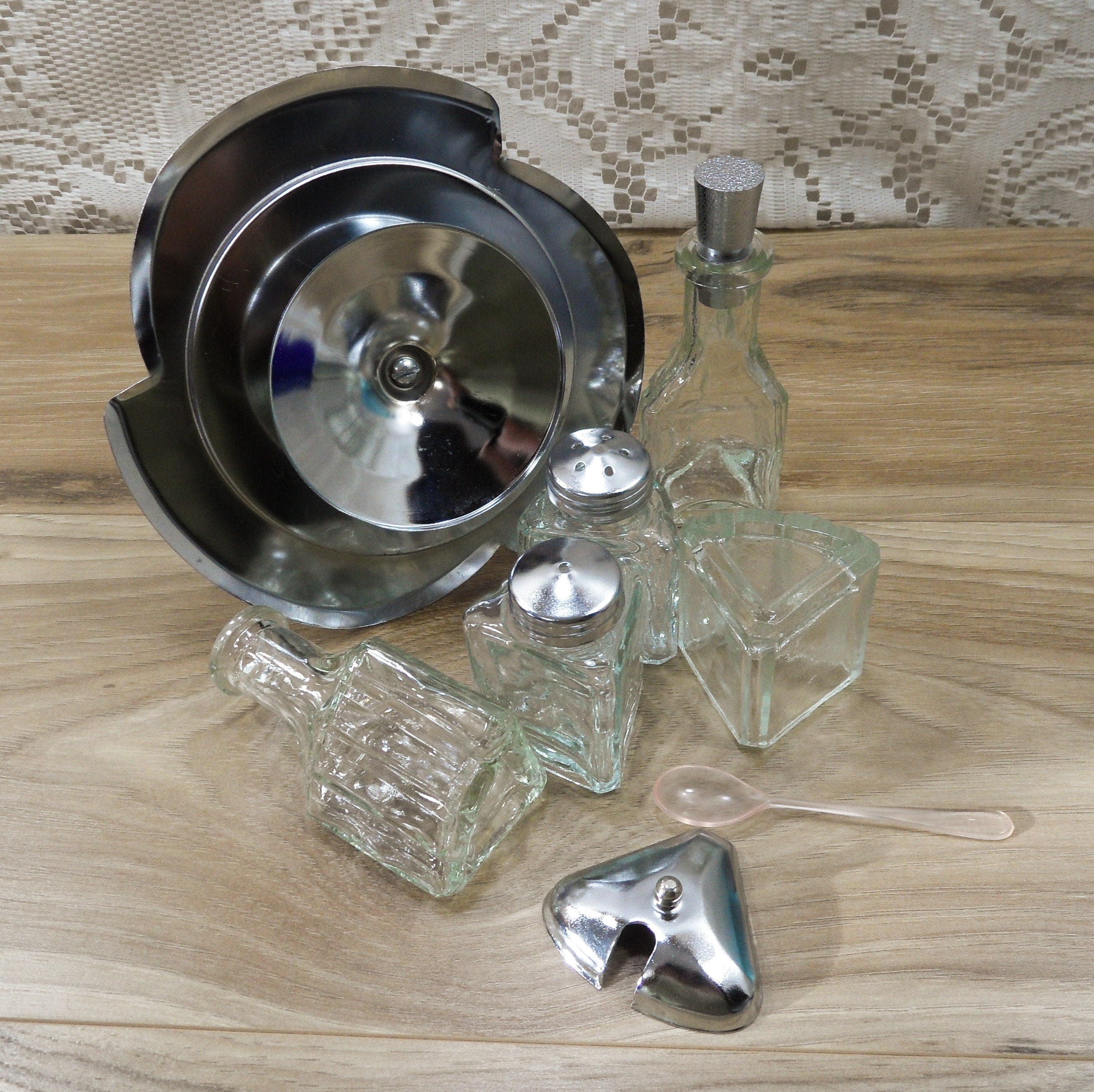 Shaker and Cruet Caddy, Condiment Caddy, Glass Condiment Set, Chrome ...