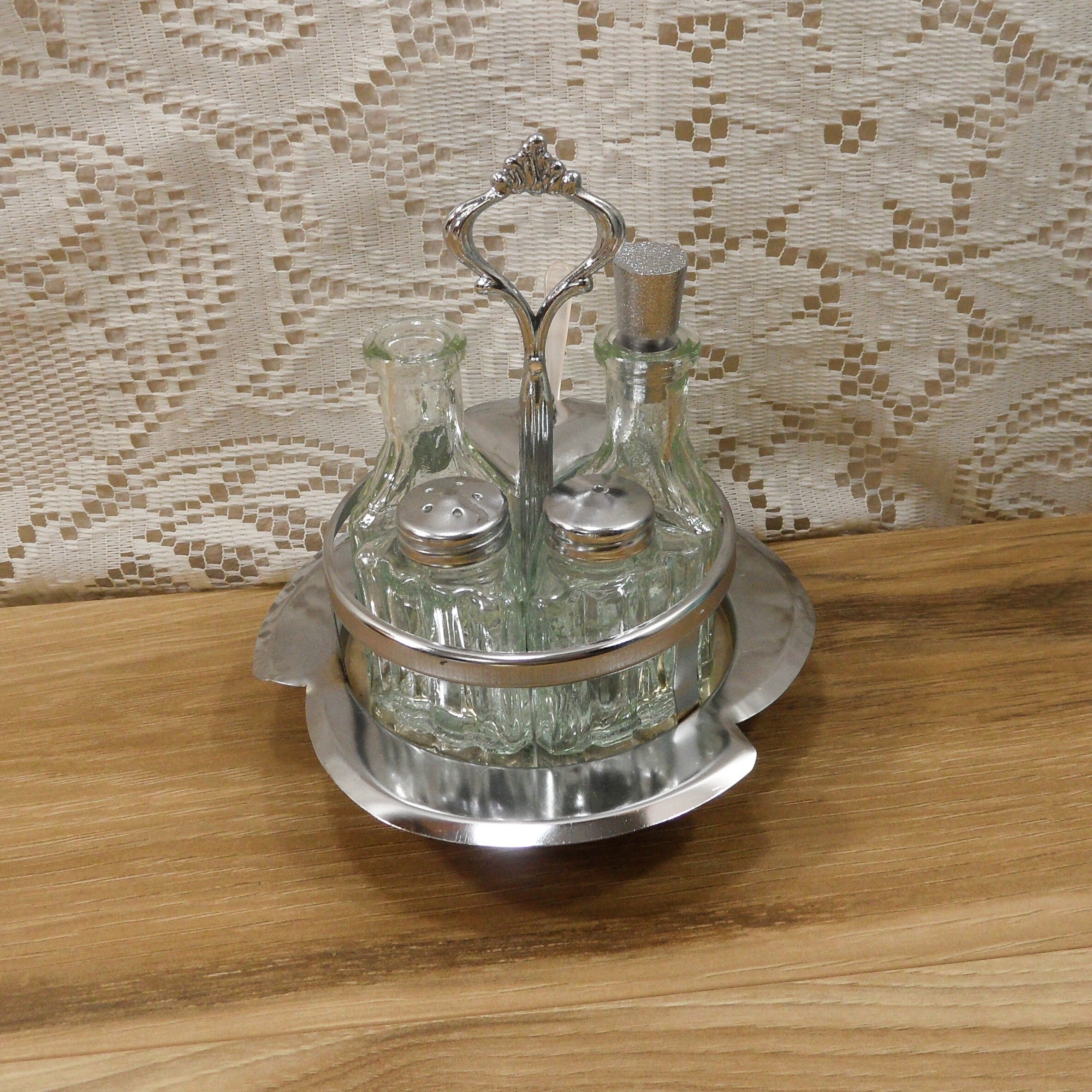Shaker and Cruet Caddy, Condiment Caddy, Glass Condiment Set, Chrome ...