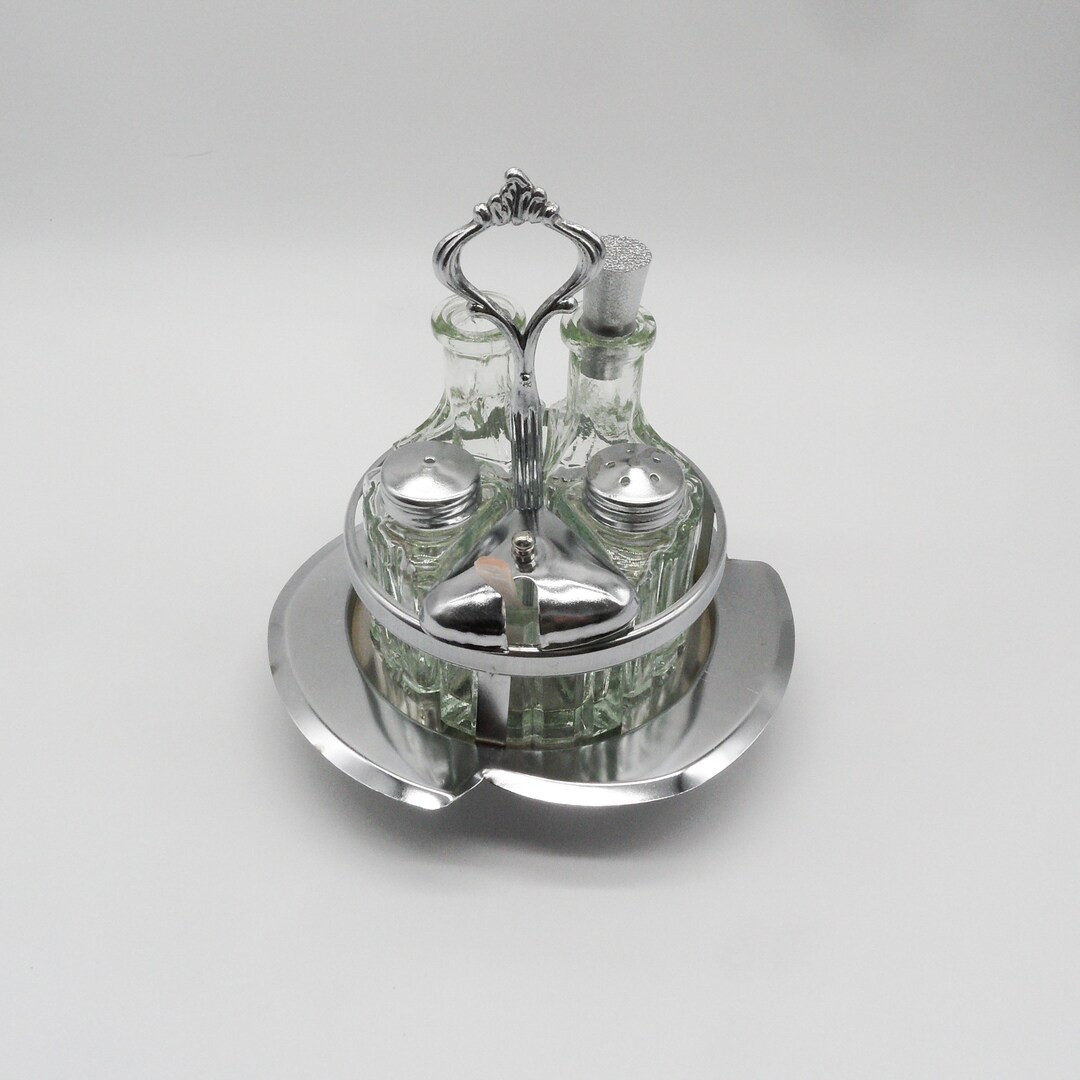Shaker and Cruet Caddy, Condiment Caddy, Glass Condiment Set, Chrome ...