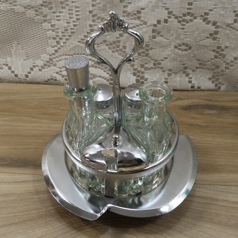 Shaker and Cruet Caddy, Condiment Caddy, Glass Condiment Set, Chrome ...