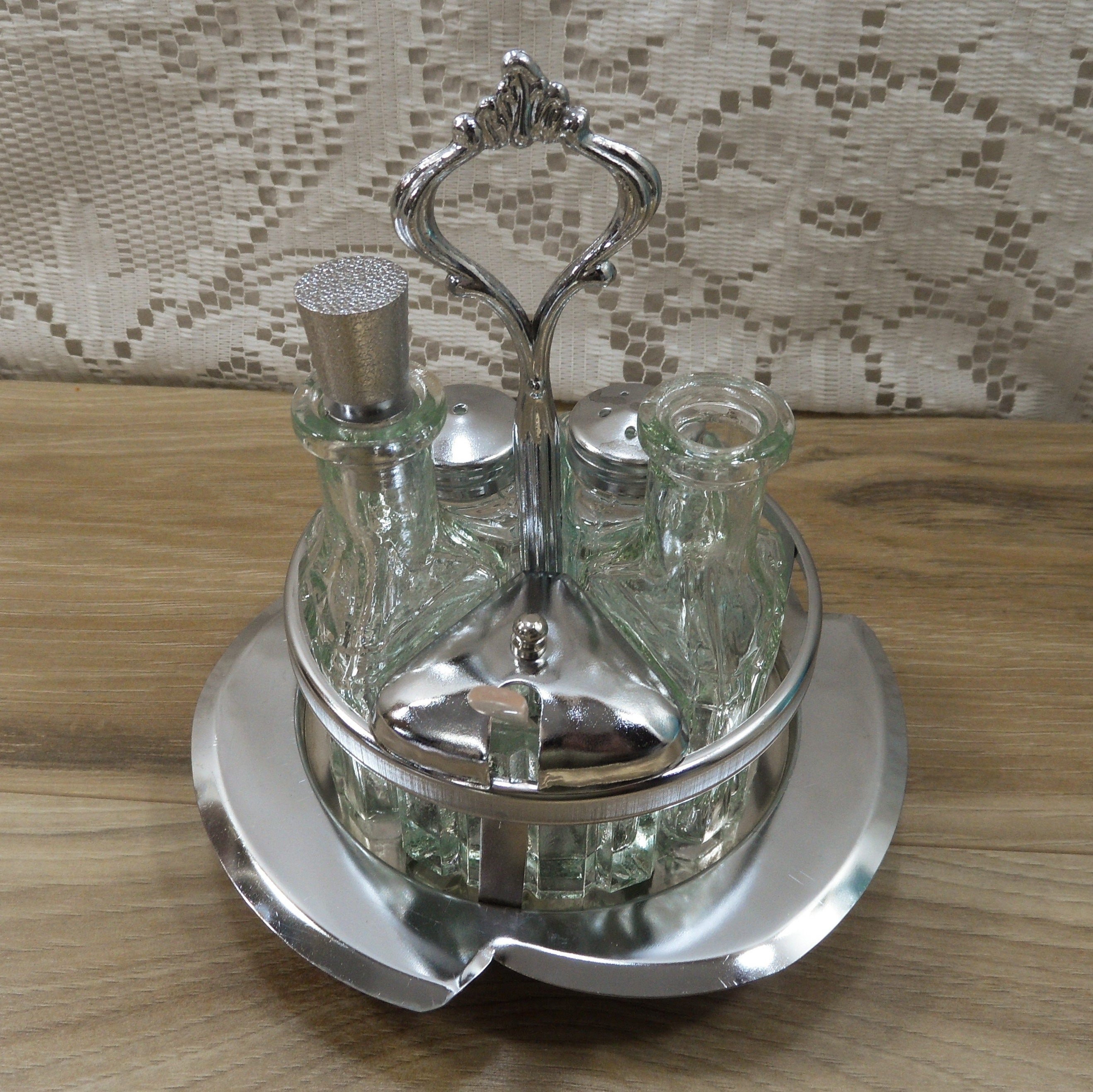 Shaker and Cruet Caddy, Condiment Caddy, Glass Condiment Set, Chrome ...