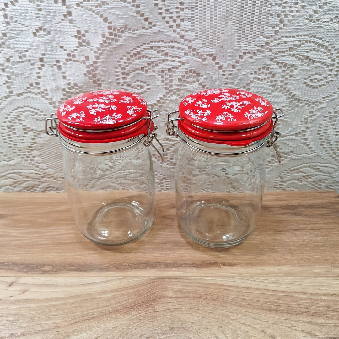 Wire Bale Canister, Locking Canister, Red Flowered Canister, Kitchen ...