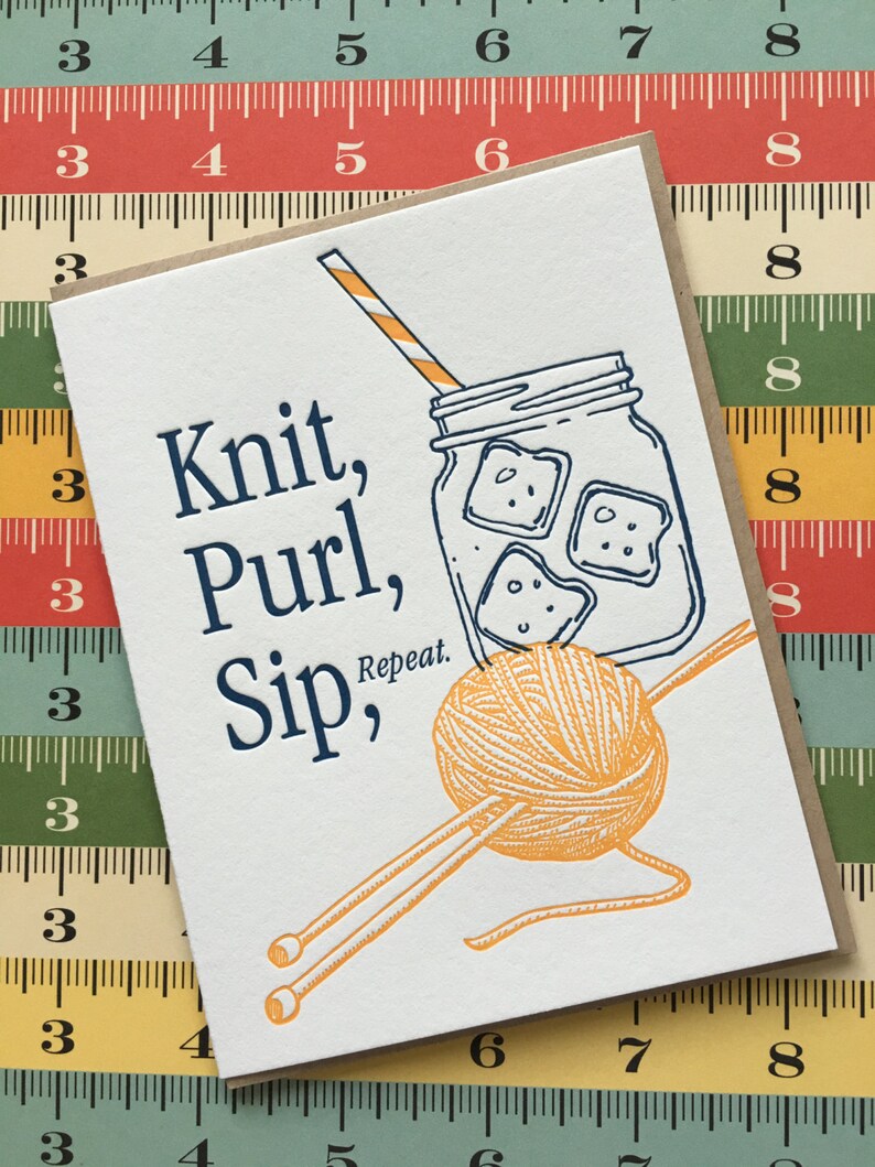 Letterpress Card - Knit, Purl, Sip - Etsy