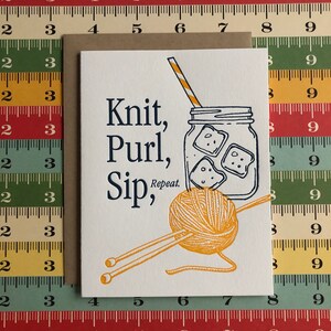 Letterpress Card - Knit, Purl, Sip - Etsy