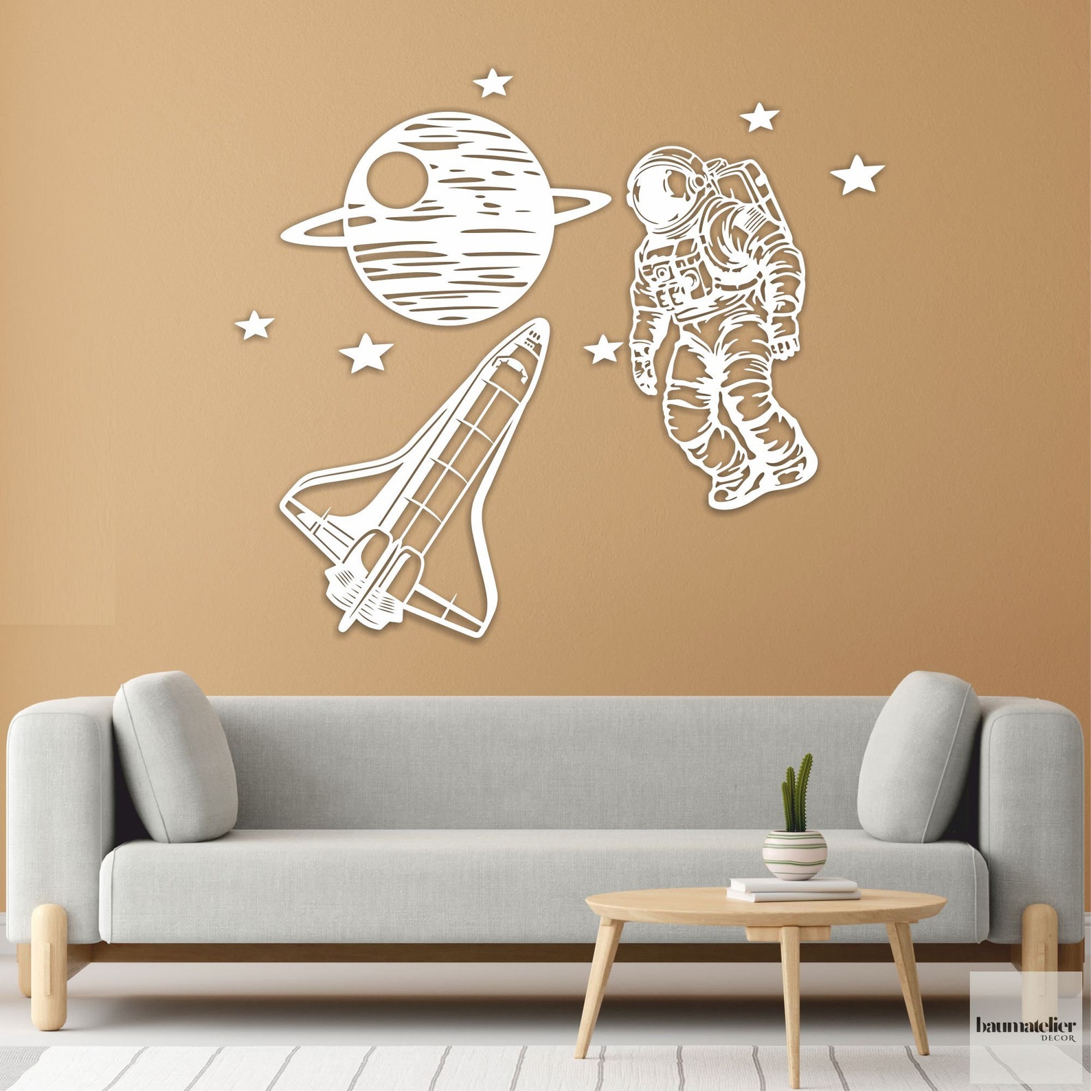 Space Wall Art Set of 3, Wooden Planet, Astronaut Wall Design, Space ...
