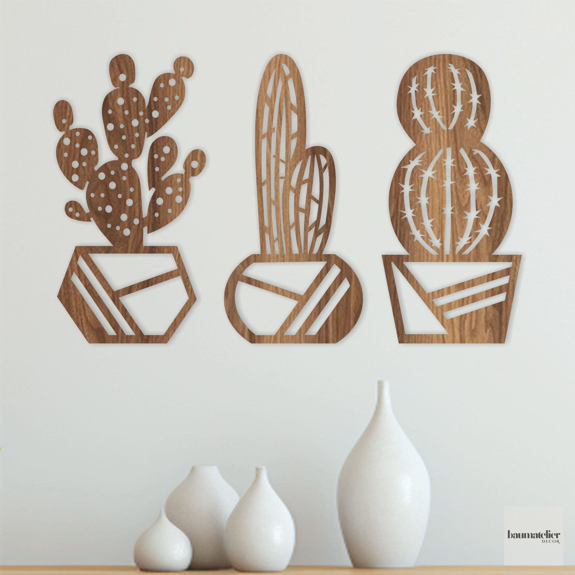 Cactus Wall Decor Set of 3, Laser Cut MDF Wall Decor, Wooden Flowers ...