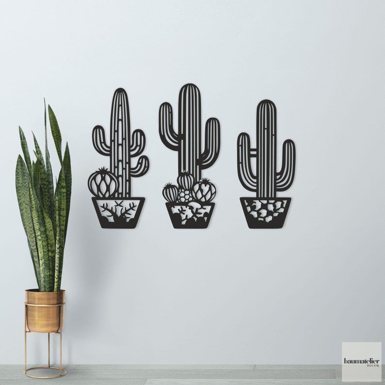Cactus Wall Decor Set of 3, Laser Cut MDF Wall Decor, Wooden Flower ...
