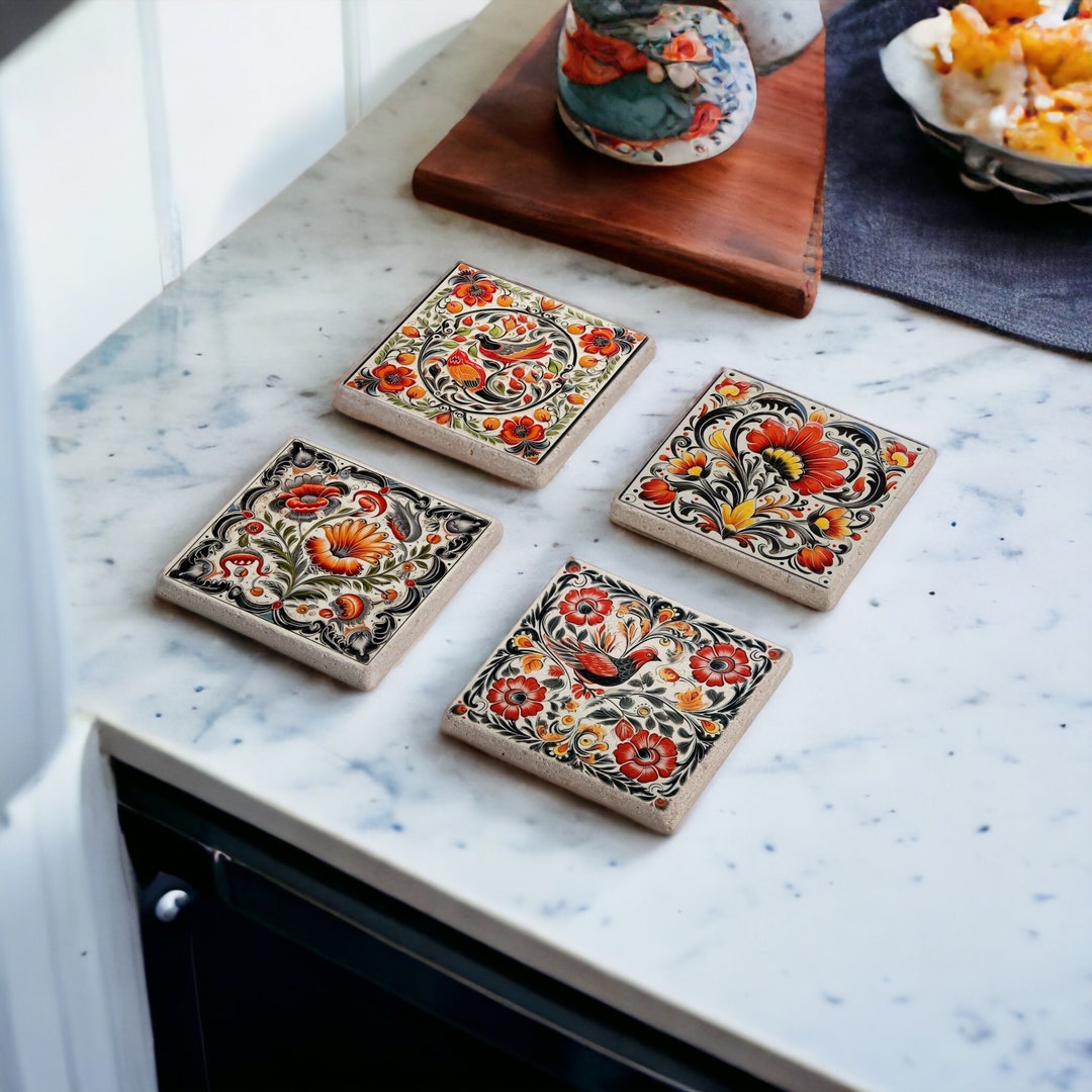 Red Floral Tile Stone Coaster Set, Moroccan Tile Coasters, Ethnic Folk ...