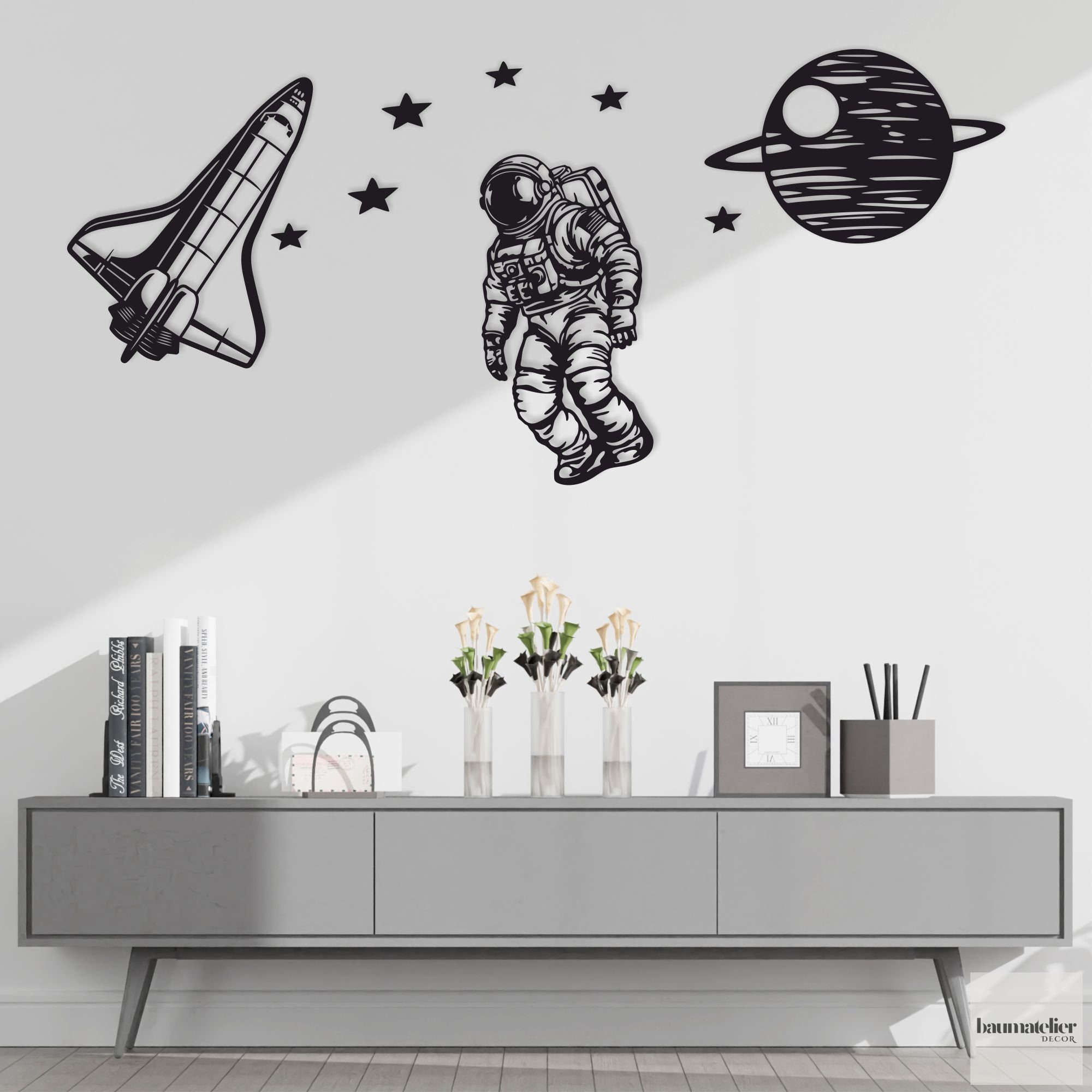 Space Wall Art Set of 3, Wooden Planet, Astronaut Wall Design, Space ...