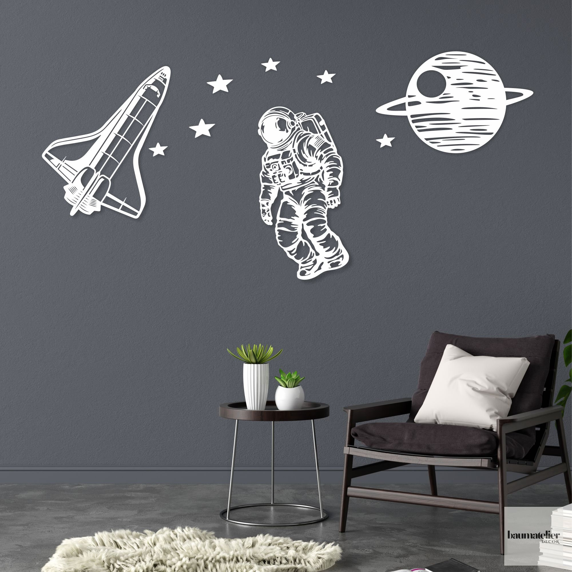 Space Wall Art Set of 3, Wooden Planet, Astronaut Wall Design, Space ...