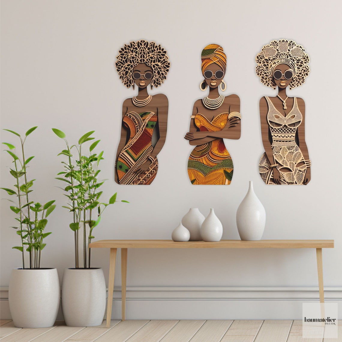 African Women Set of 3 Wall Decor, Wooden Wall Art, Colored African ...
