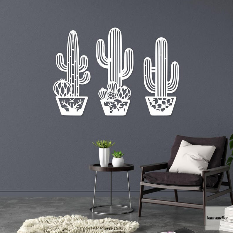 Cactus Wall Decor Set of 3, Laser Cut MDF Wall Decor, Wooden Flower ...