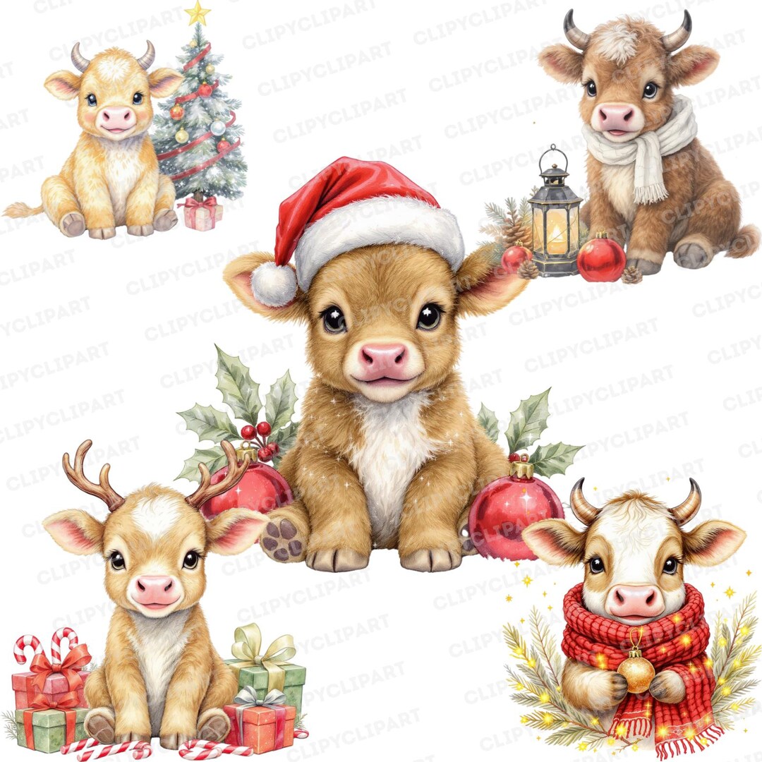 5 Watercolor Cow Clipart, Christmas Calf Illustration Set, Winter ...