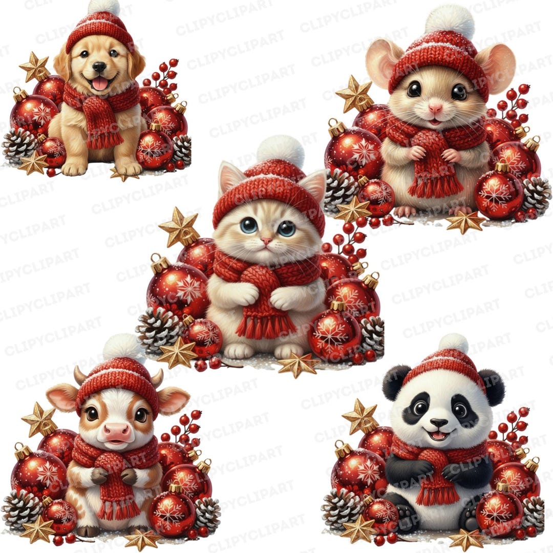 5 Watercolor Christmas Animal Clipart, Holiday Pet Illustration Set ...
