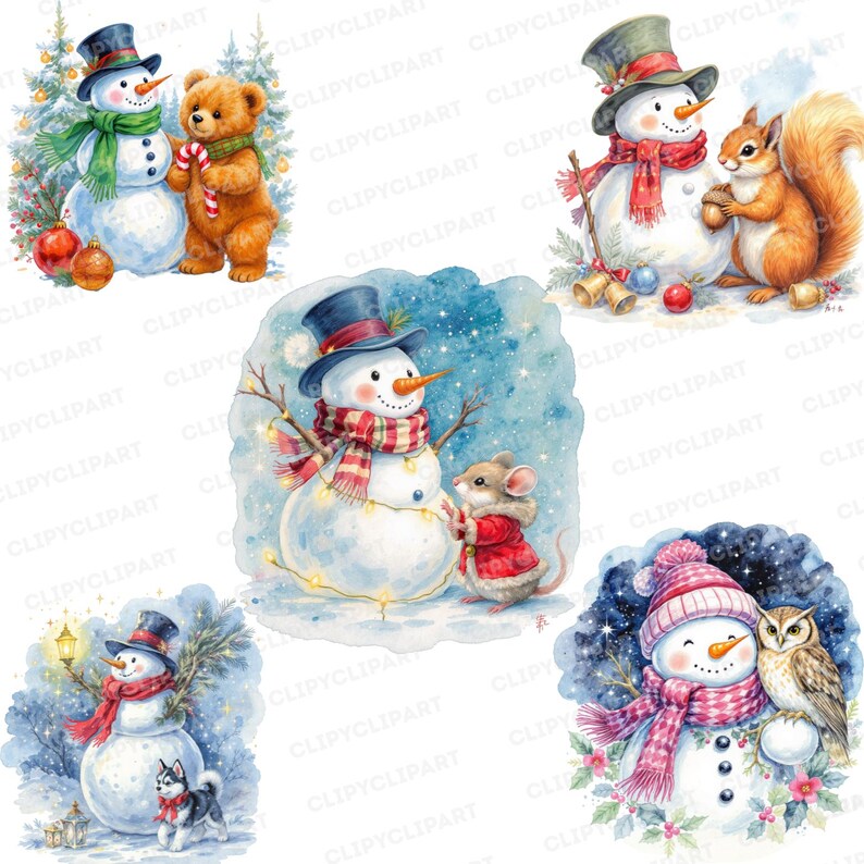 5 Watercolor Snowman Clipart, Christmas Animals Illustration, Winter ...